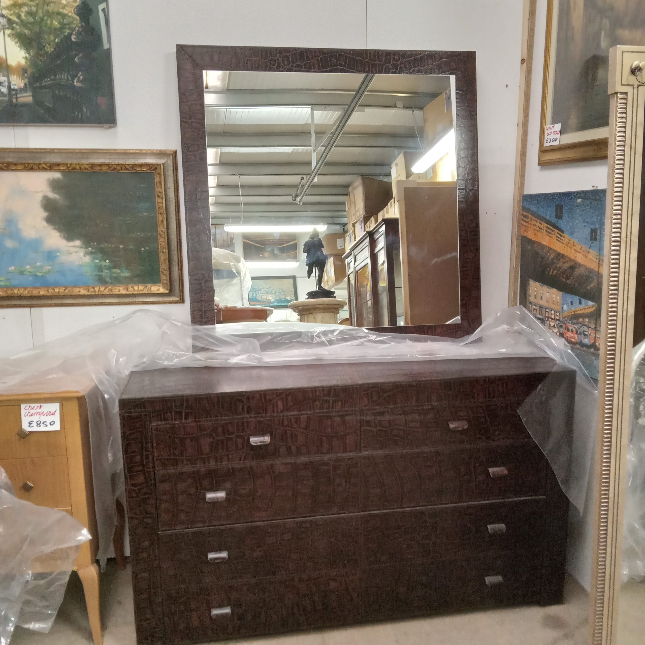 Ref. 15-3-522 Chest and Mirror embossed leather – Artisan Interiors